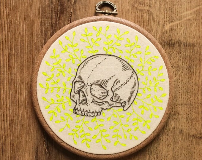 Skull With Neon Yellow and Pencil Effect Leaf Details Hand - Etsy