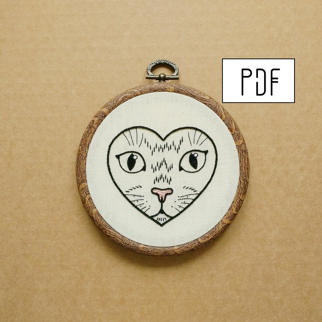Digital PDF Pattern Cat in a Heart Hand Embroidery Pattern PDF Modern ...