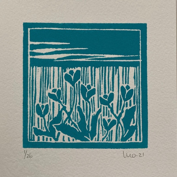 Sea Linocut Print, Blue Small Art, Original Abstract Lino Print ...