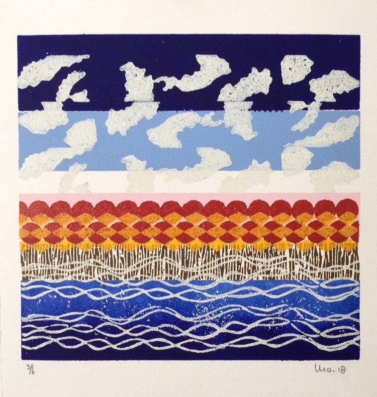 Abstract island A3 Lino Print Handmade and hand printed linocut Art ...