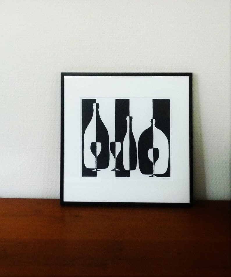 Black White Linocut, Food Art, Wine Art Print, Art for Wine Lover ...