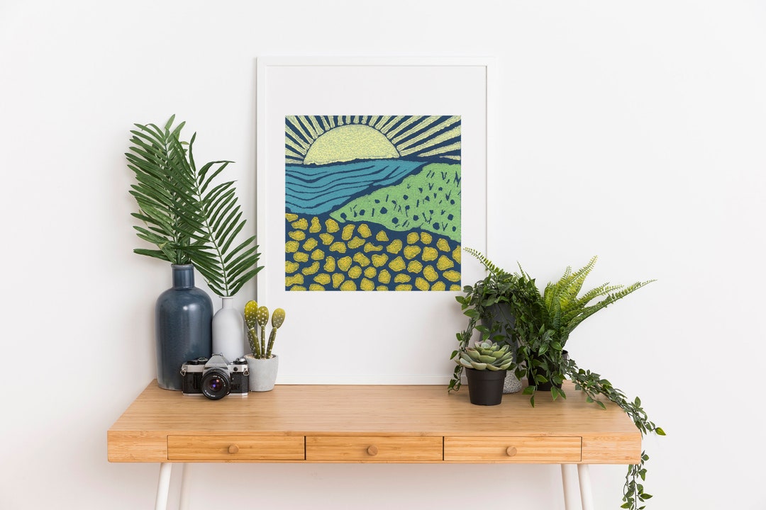 Lino Print Sunrise Art, Small Linocut Landscape, Sunset Art Print ...