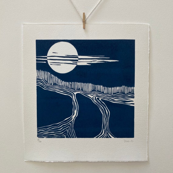 Blue Linocut Original Landscape Print Moon Art Night Lino | Etsy