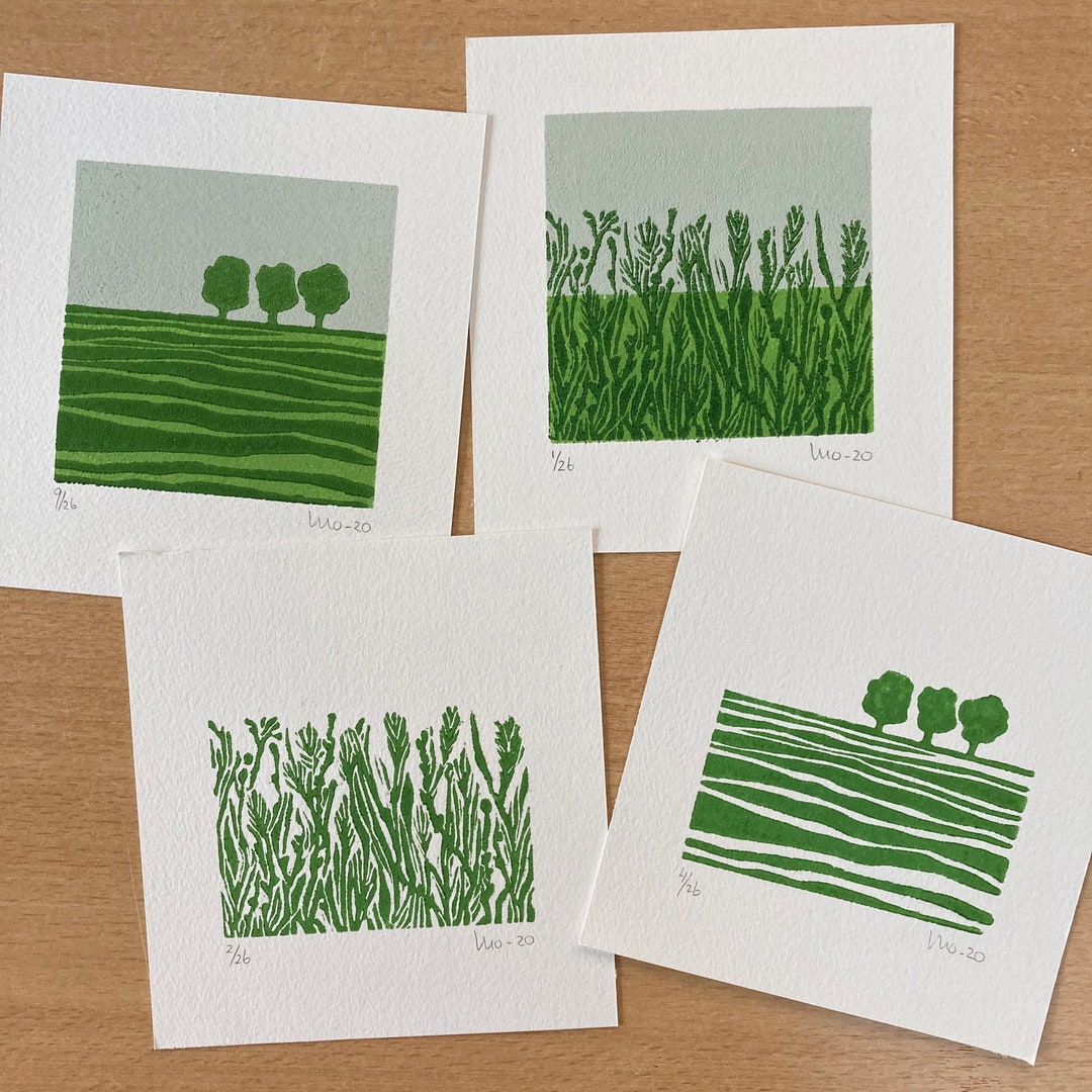 Flower Field Linocut, Small Abstract Landscape, Original Lino Print ...