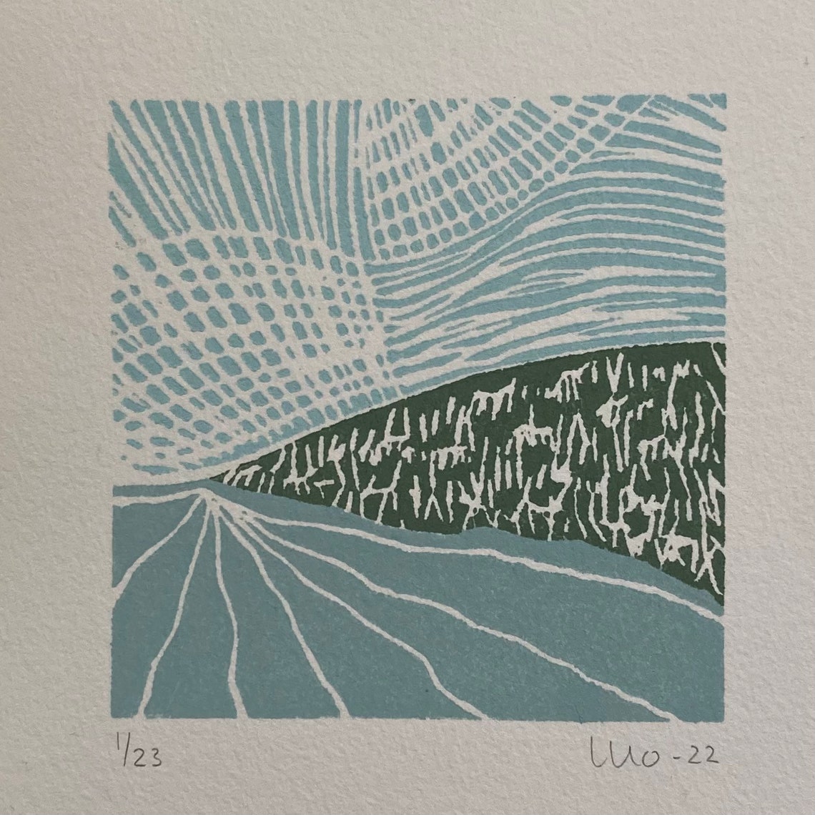 Small Linocut Landscape, Abstract Nature Lino, Blue Art Print, Block ...