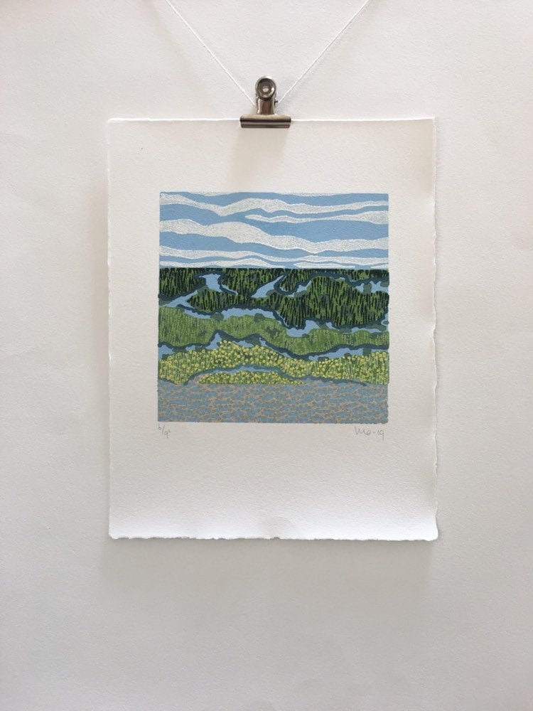 Linocut Landscape, Abstract Linocut, Nature Lino, Green Art Print ...
