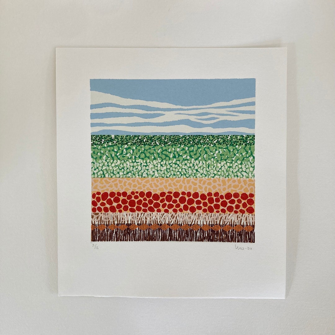 Linocut Landscape, Minimalist Art Print, Flower Field, Summer Print ...