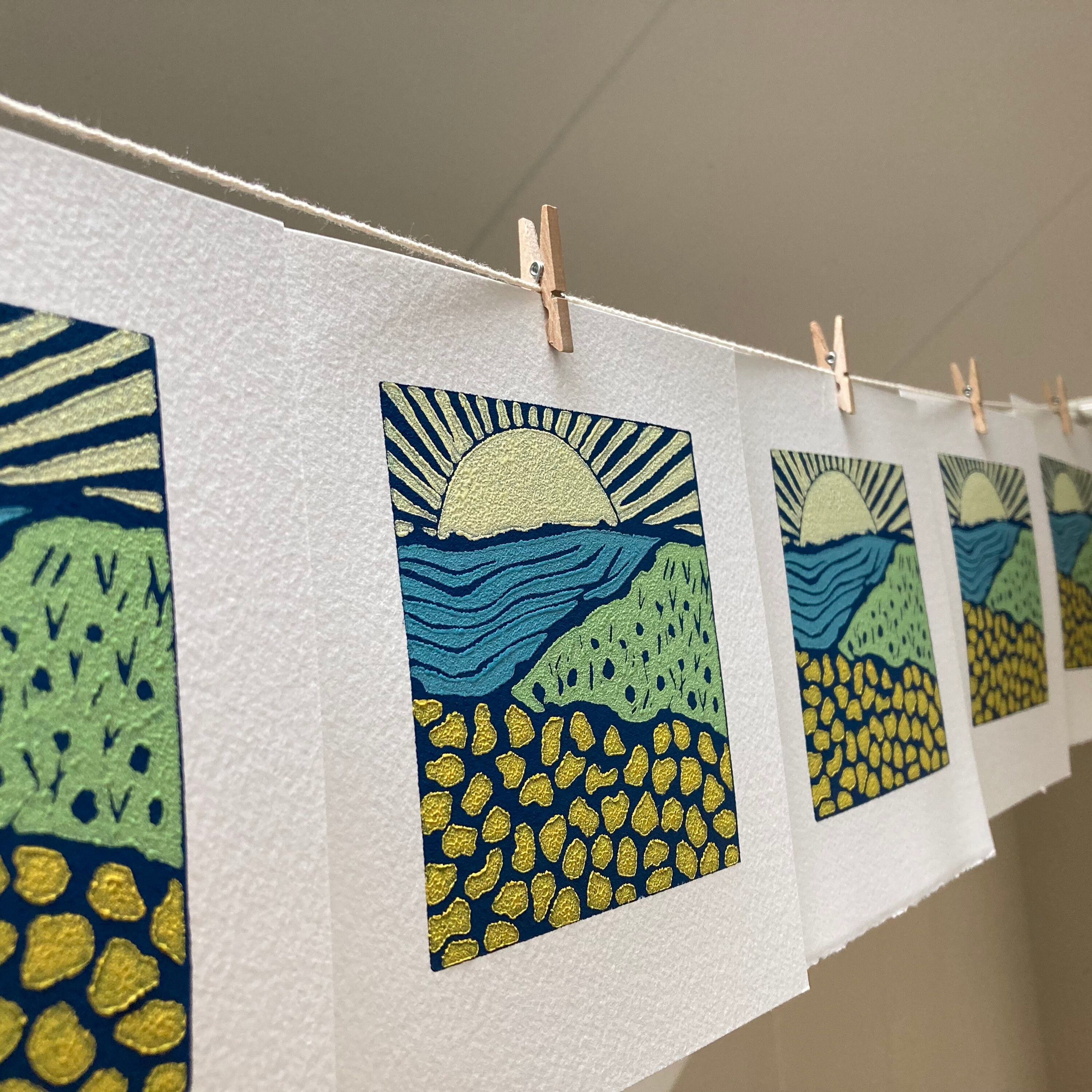 Lino Print Sunrise Art, Small Linocut Landscape, Sunset Art Print ...