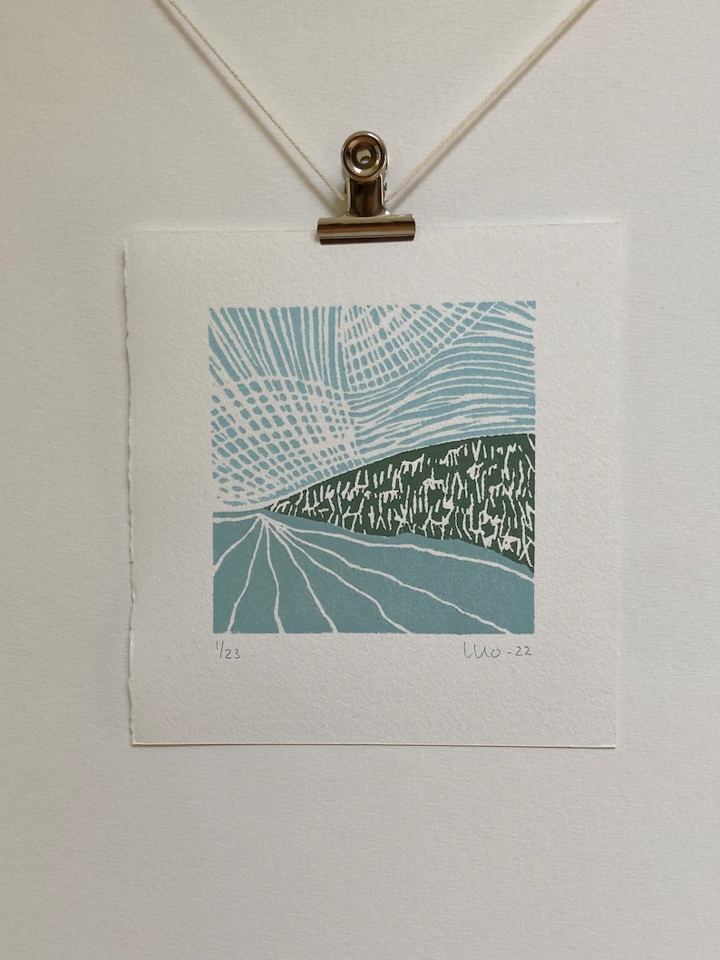 Small Linocut Landscape, Abstract Nature Lino, Blue Art Print, Block ...