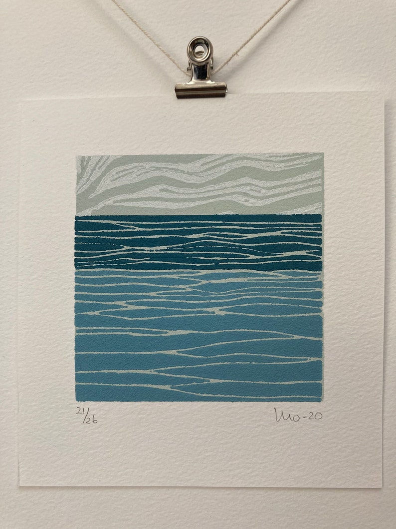 Sea Linocut Print Blue Small Art Original Abstract Lino - Etsy