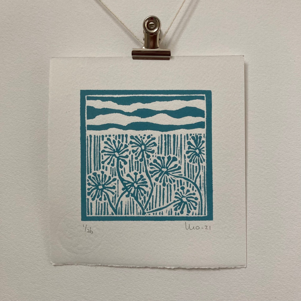 Small Linocut, Blue Landscape, Abstract Field, Original Lino Print ...