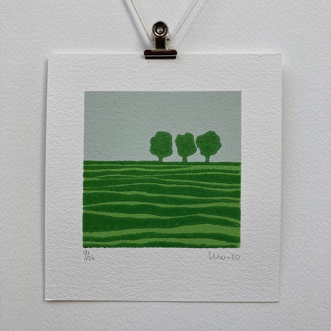 Small Linocut, Green Landscape, Abstract Original Lino Print, Tree Art ...