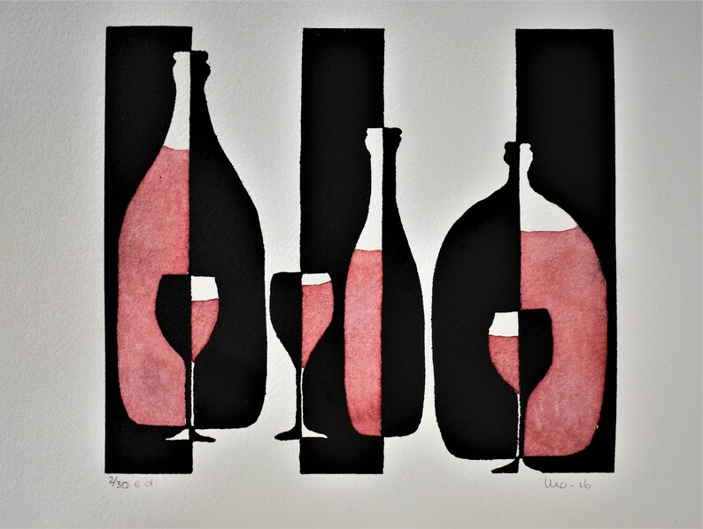 Black White Linocut, Food Art, Wine Art Print, Art for Wine Lover ...