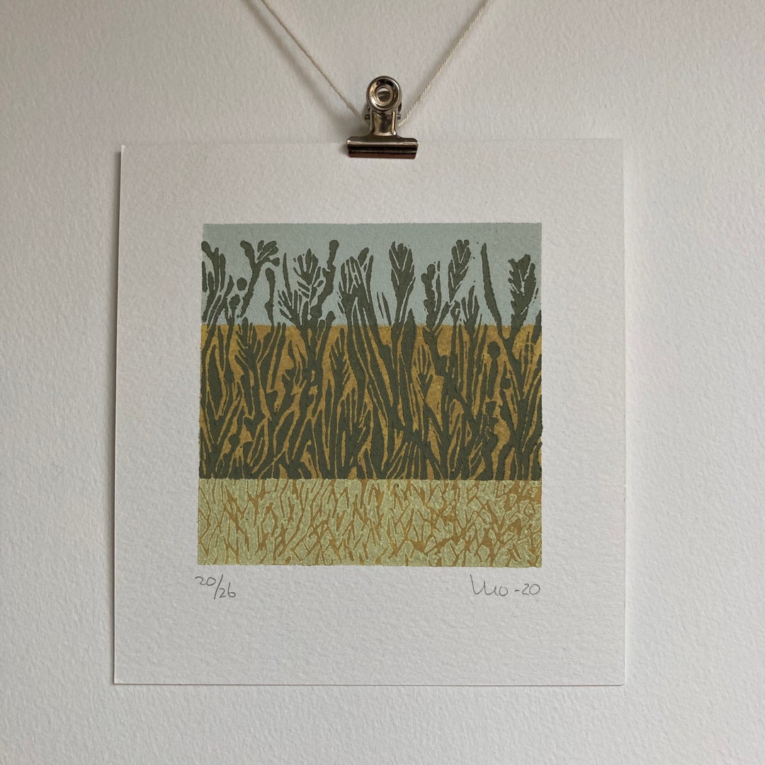 Flower Field Linocut, Small Abstract Landscape, Original Lino Print Art ...