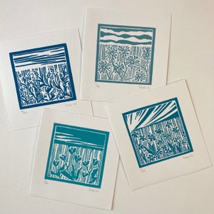 Small Linocut, Blue Landscape, Abstract Field, Original Lino Print ...