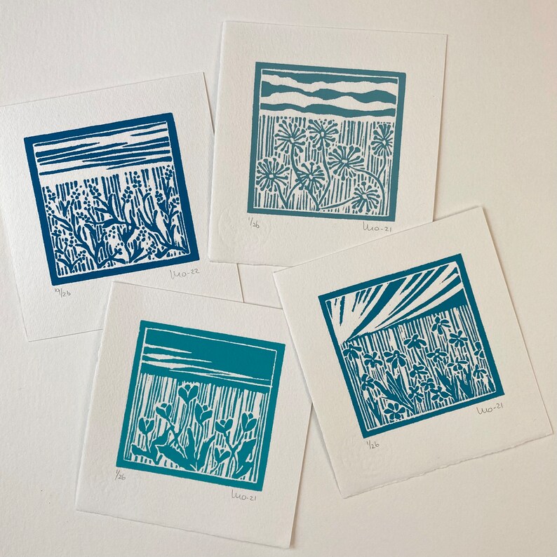Small Linocut Blue Landscape Abstract Field Original Lino - Etsy