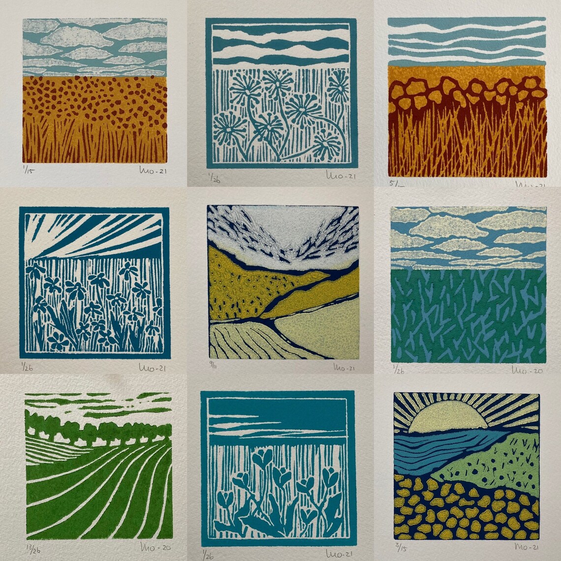Small Linocut Blue Landscape Abstract Field Original Lino - Etsy