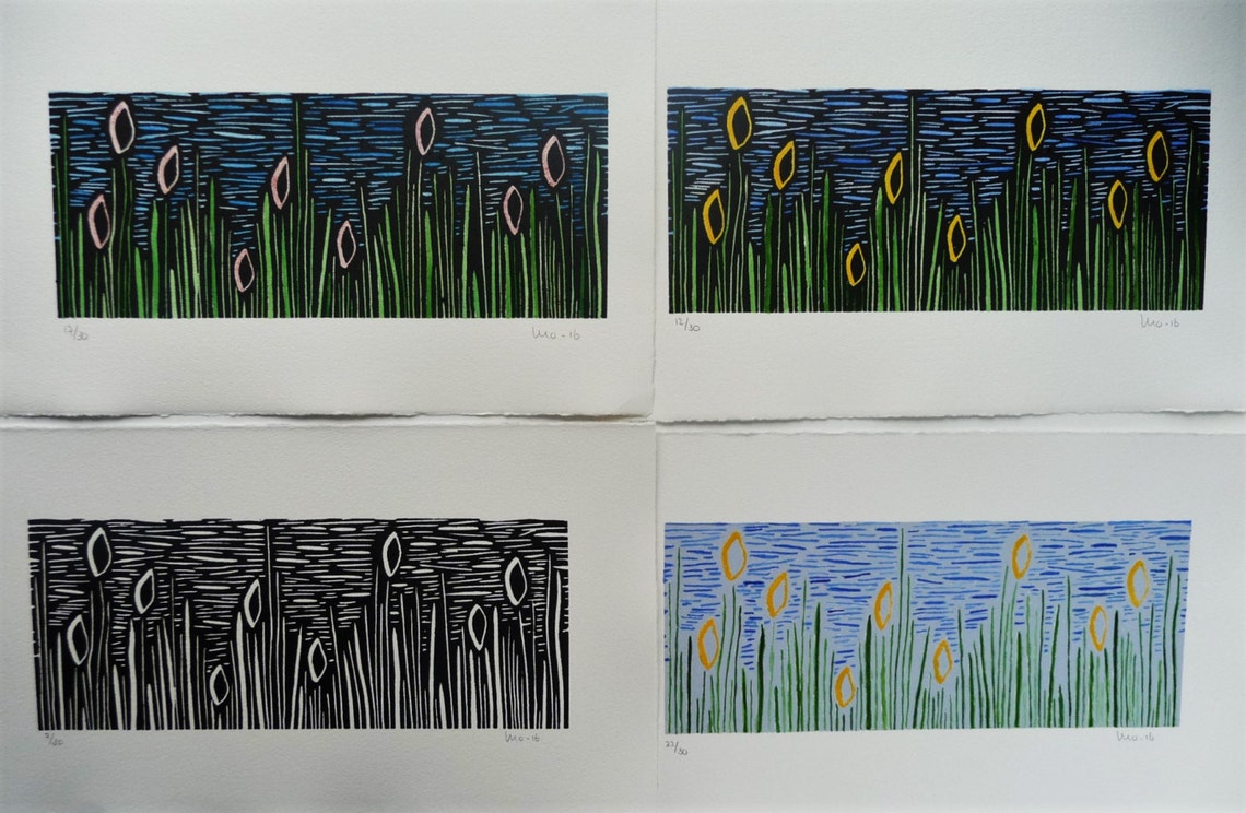 Linocut Flowers, Flower Art, Original Artwork, Handcolored Linocut ...