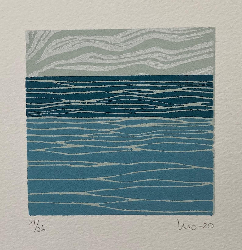 Sea Linocut Print, Blue Small Art, Original Abstract Lino Print ...