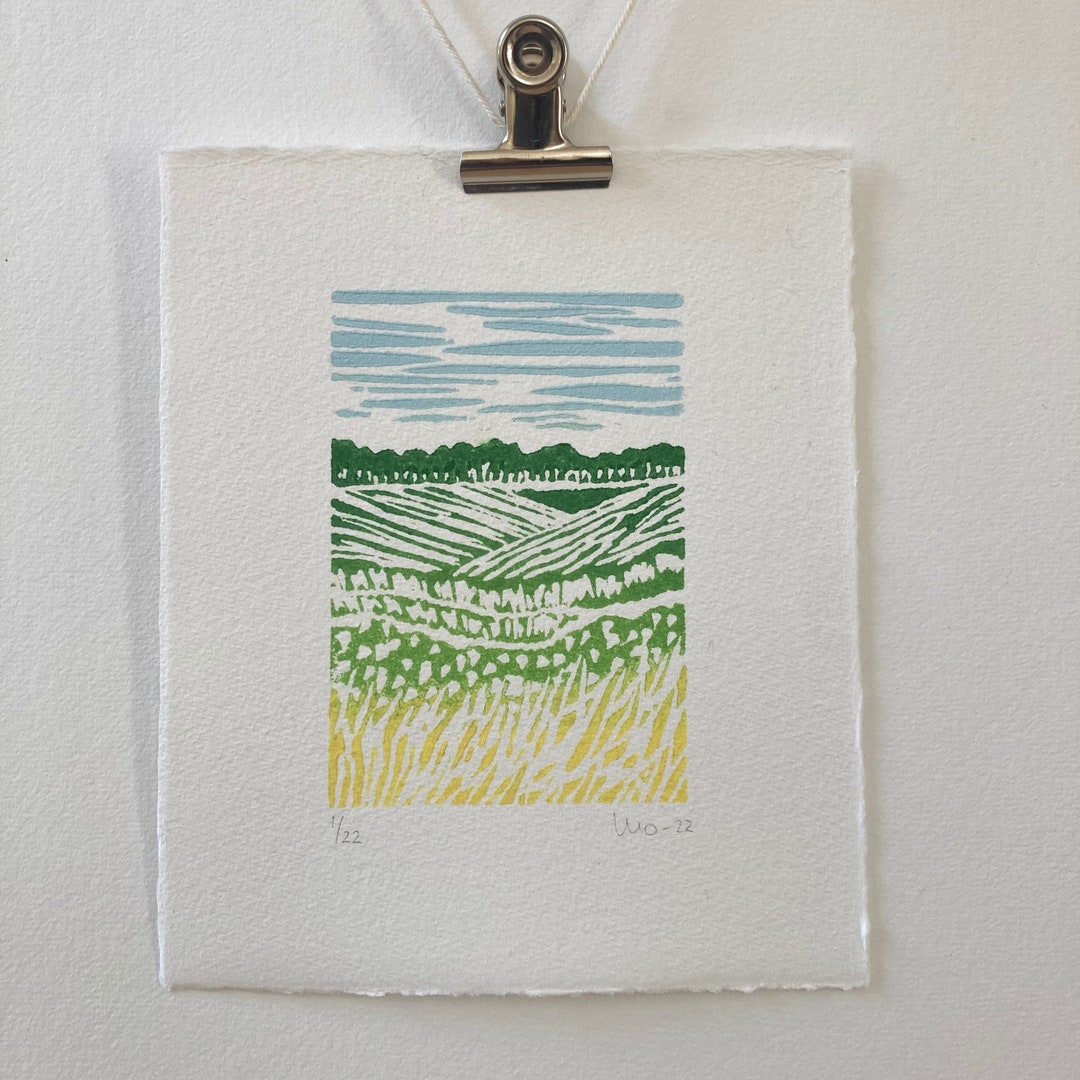 Small Linocut, Green Landscape, Abstract Original Lino Print, Tree Art ...