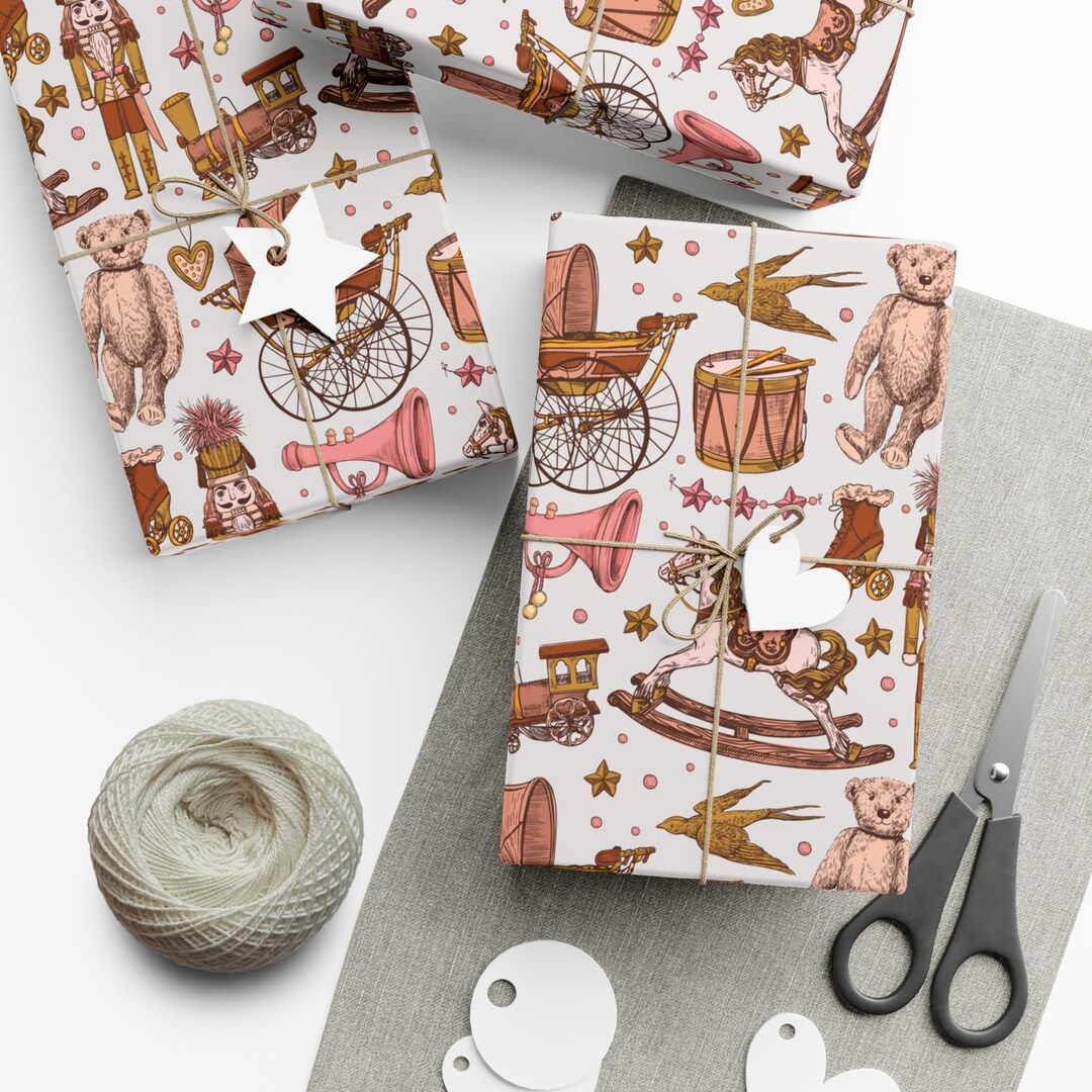 Christmas Wrapping Paper Retro Vintage Toys Design Pastel Colors Unique ...