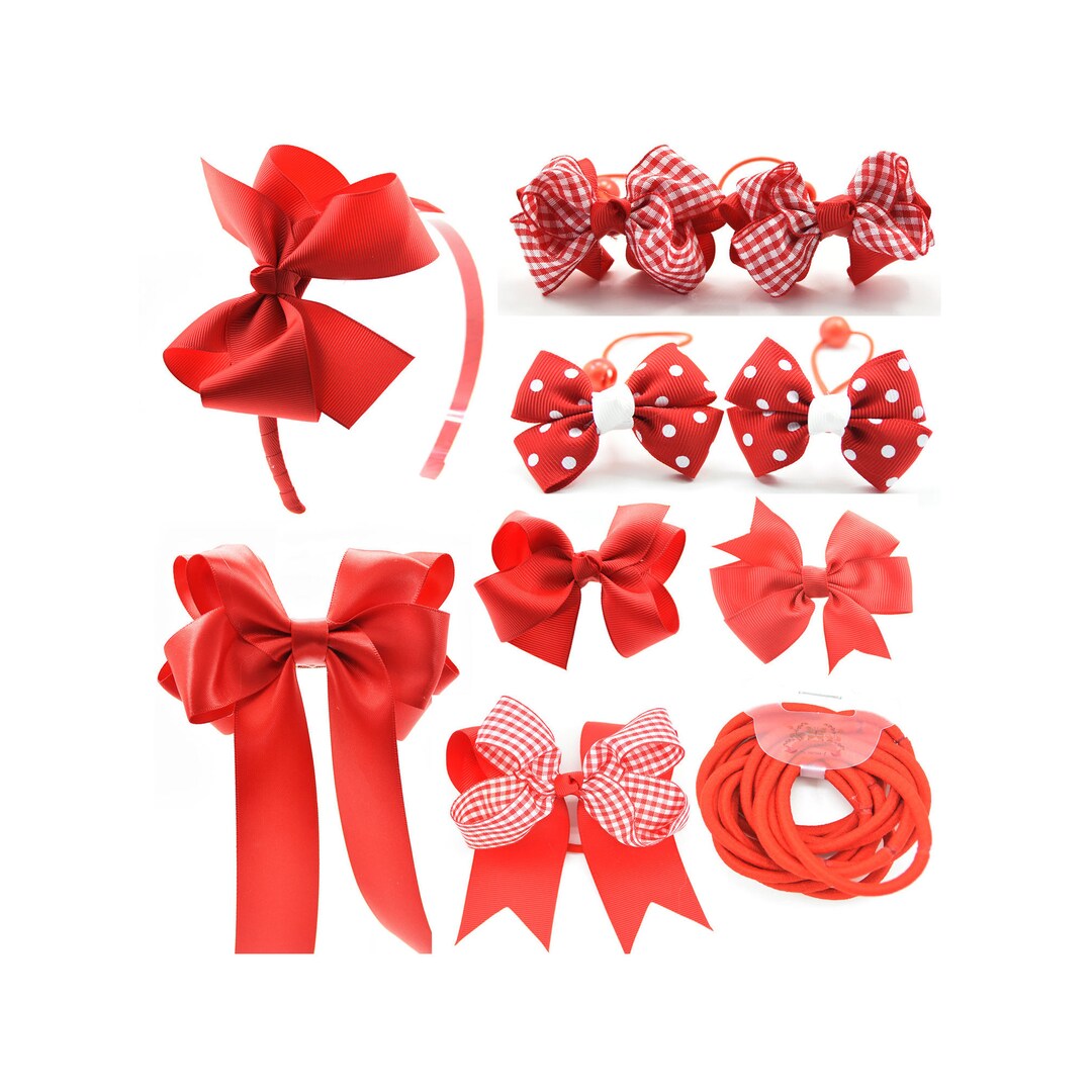 Set of 10 Red Girls School Hair Accessories Gingham Set Bobbles Clips ...