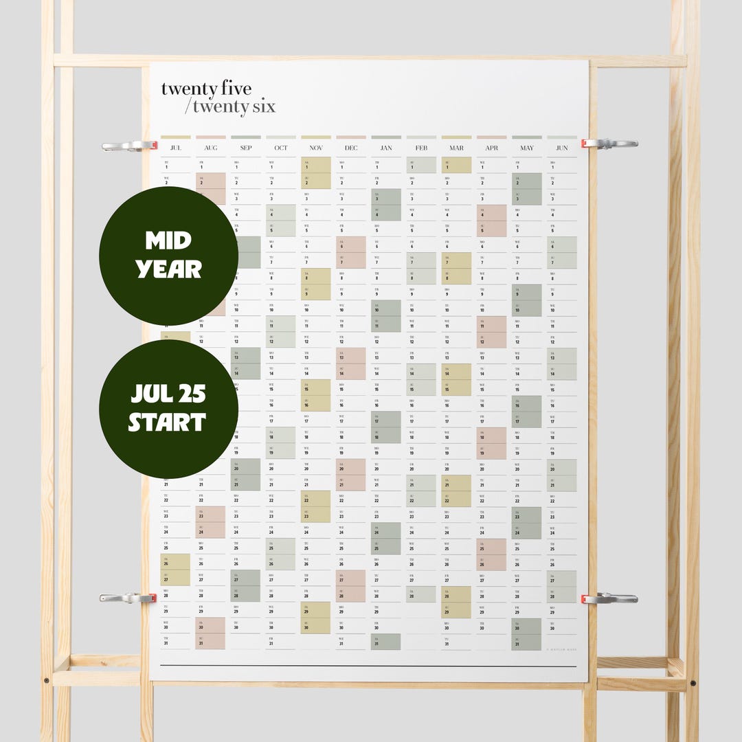 Printable PDF | 2025-2026 Mid Year Wall Planner | July Start | A2 & A1 ...