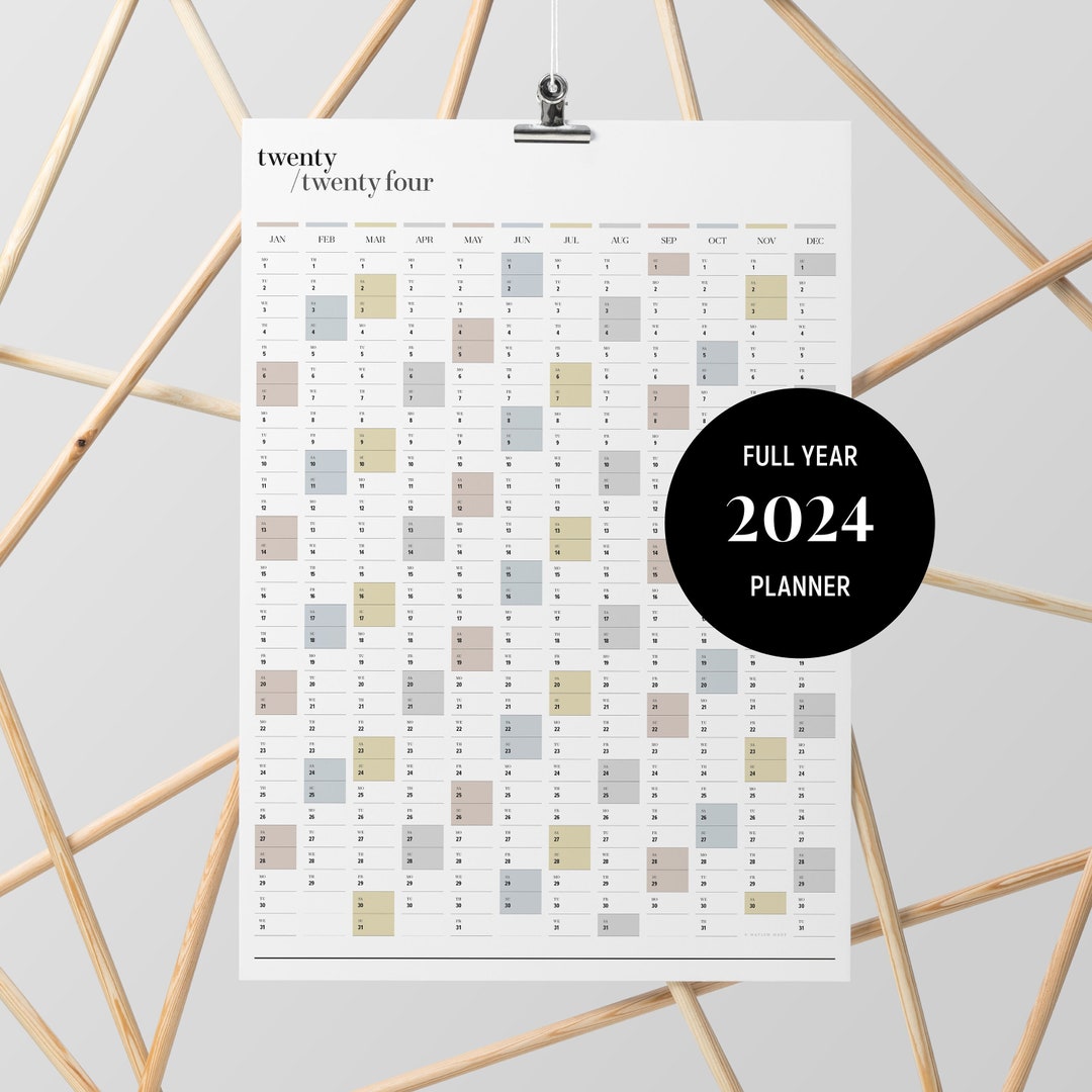2024 Full Year Wall Planner A2 & A1 Portrait Yearly Calendar Printable ...