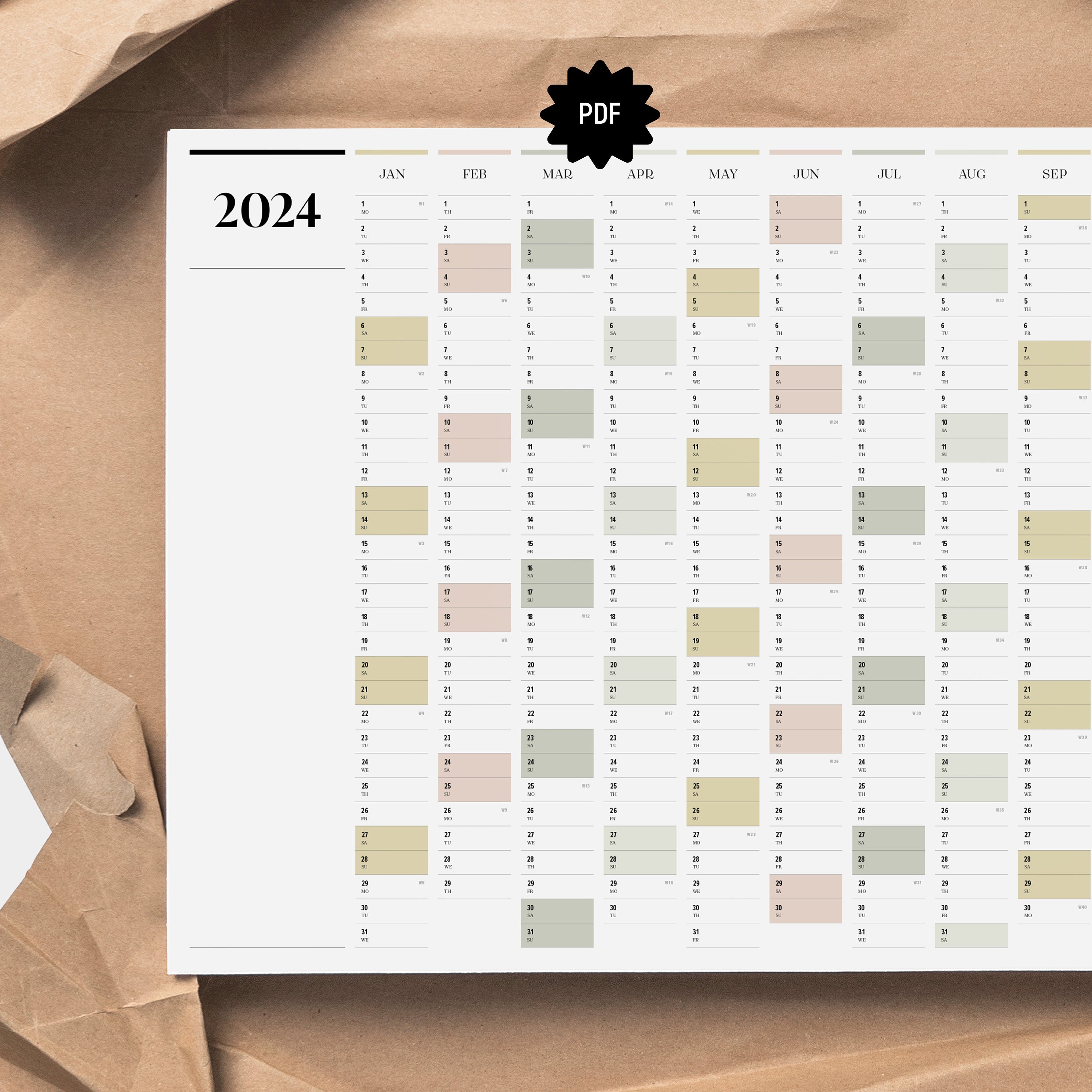 Printable PDF A2 & A1 Yearly Landscape Wall Planner 2024 Full Year ...