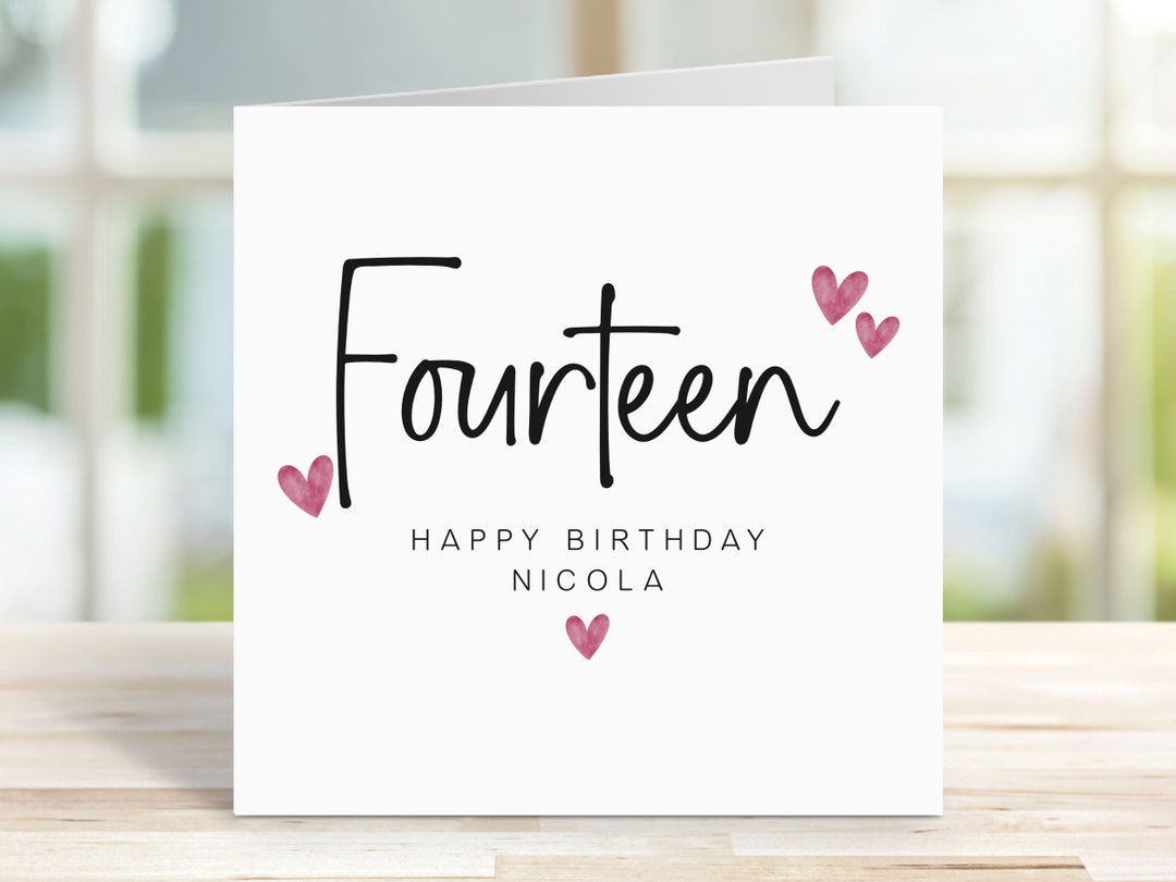 Personalised 14th Birthday Card Fourteen Greetings Card Red/pink Hearts ...