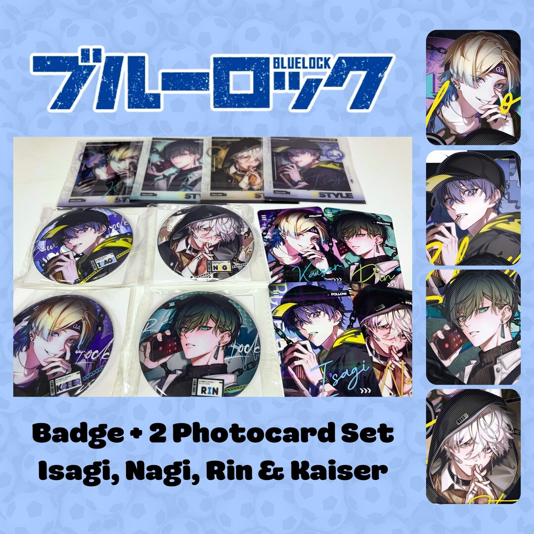 Blue Lock Badge and Holographic Photocard Set Isagi, Nagi, Rin & Kaiser ...