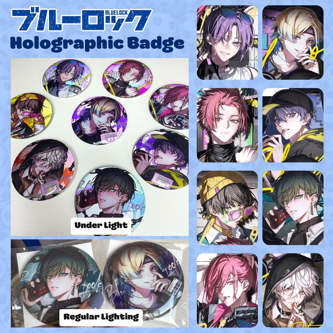 Blue Lock Pin and Holographic Photocard Set — Isagi, Nagi, Rin, Kaiser ...