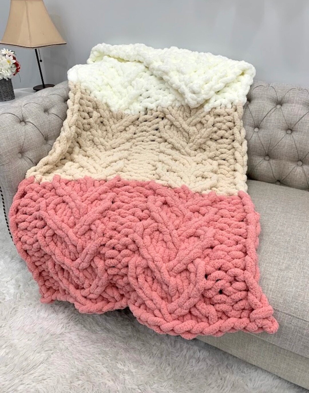 Chunky Knit Blanket, Heart Cable, Chunky Chenille, Hand Knit Blanket ...