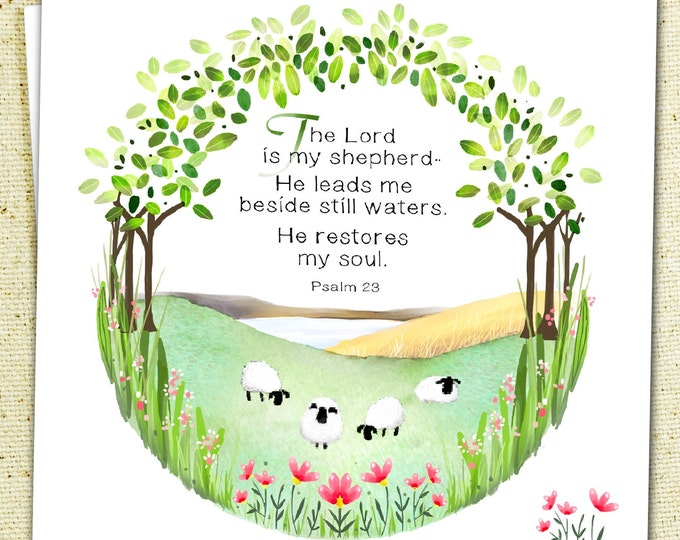 Scripture Verse Card Featuring Psalm 23 and Sheep in a Pasture - Etsy