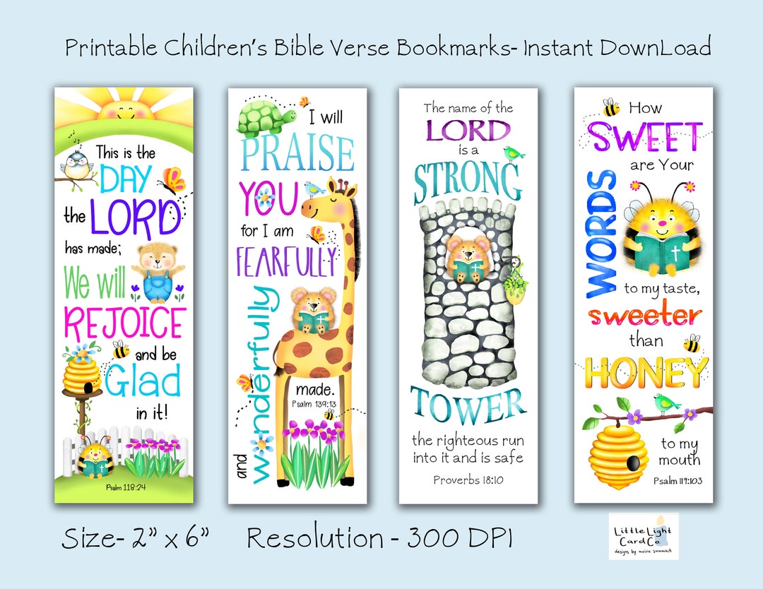 Set of 4 Printable Children's Bible Verse Bookmarks, Digital File ...