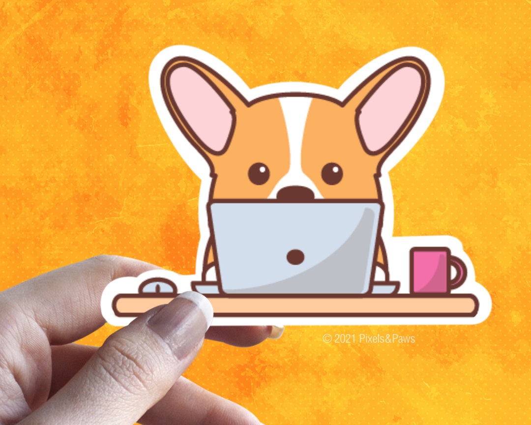 Cute Corgi Sticker, Corgi Working on Laptop, Corgi Sticker, Corgi Lover ...