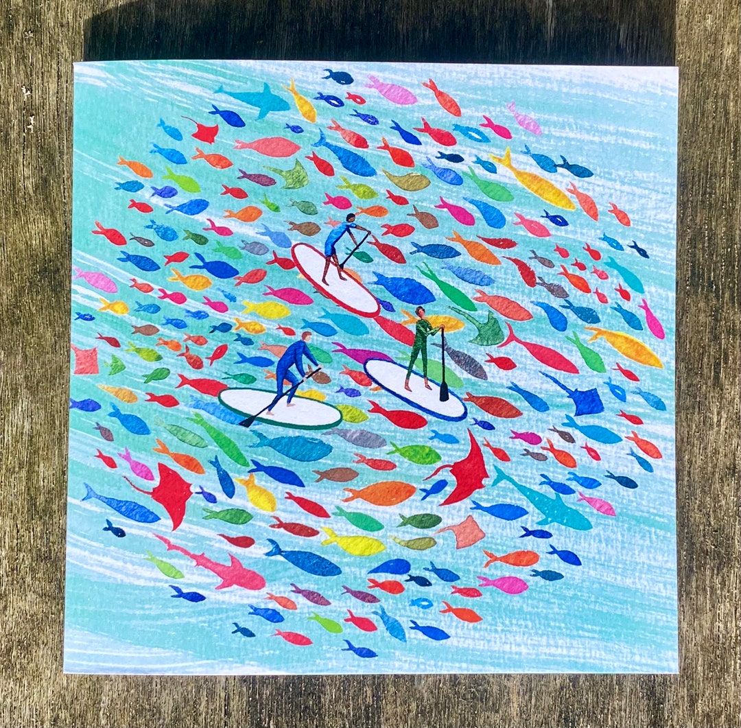 Fish Chase, Paddle Board Card, SUP Card, Illustration, Greeting Card ...
