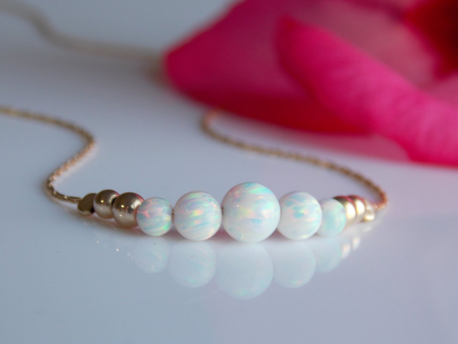 Opal Necklace Beaded Necklace Small Opal Ball Gold Necklace | Etsy