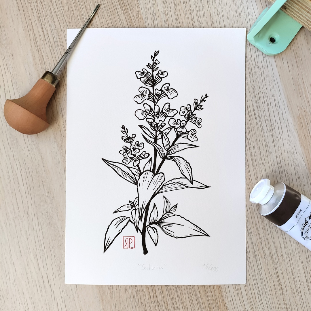 Linocut Print of a Beautiful Sage Flower, Botanical Linocut Print ...