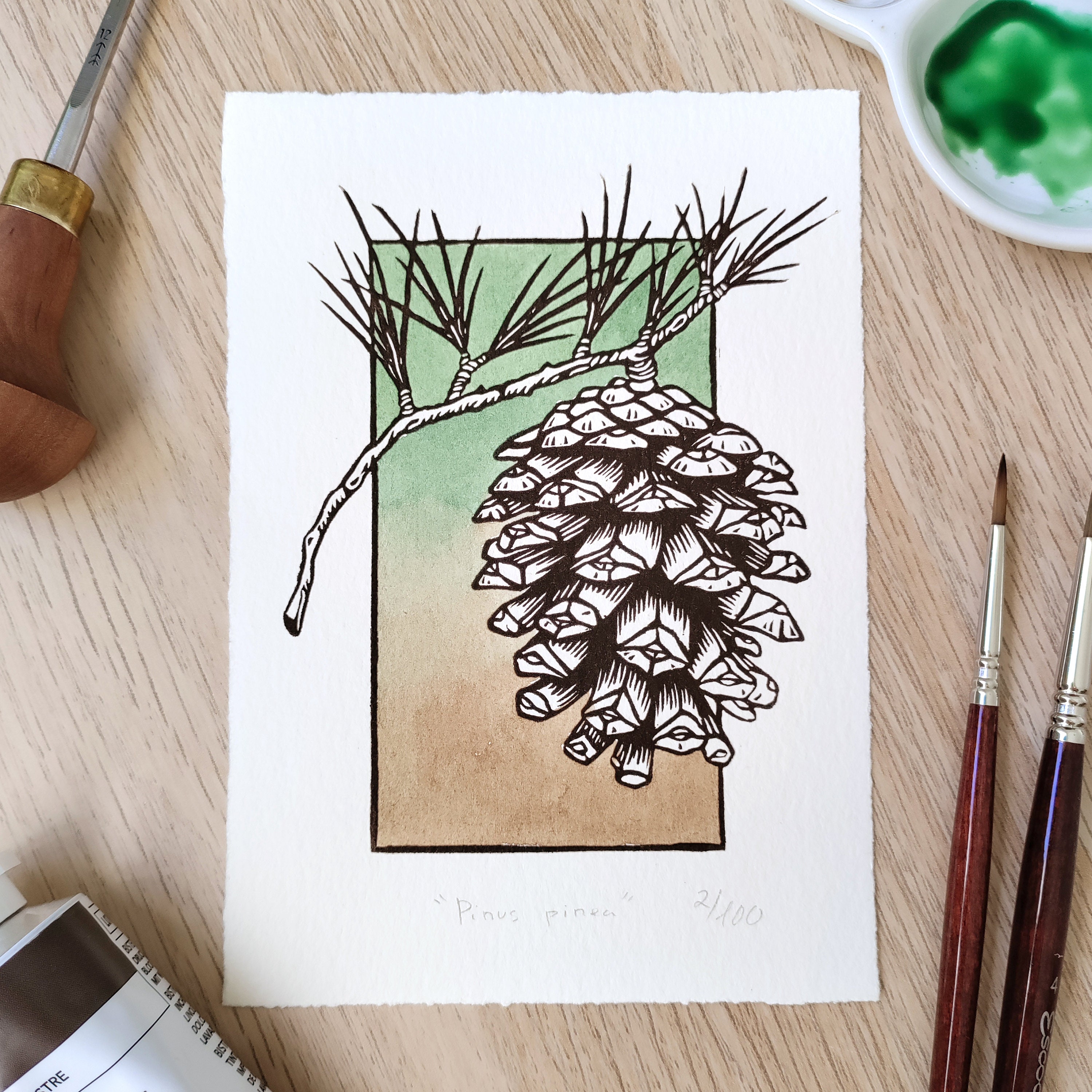 Linocut of Pine Hand Stamped, Original Linocut Limited to 100 Copies ...