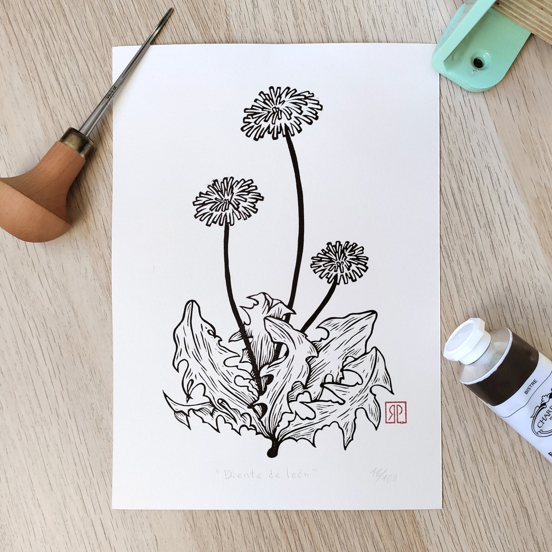 Linocut | Dandelion | Wildflower Print | Botanical Print - Etsy