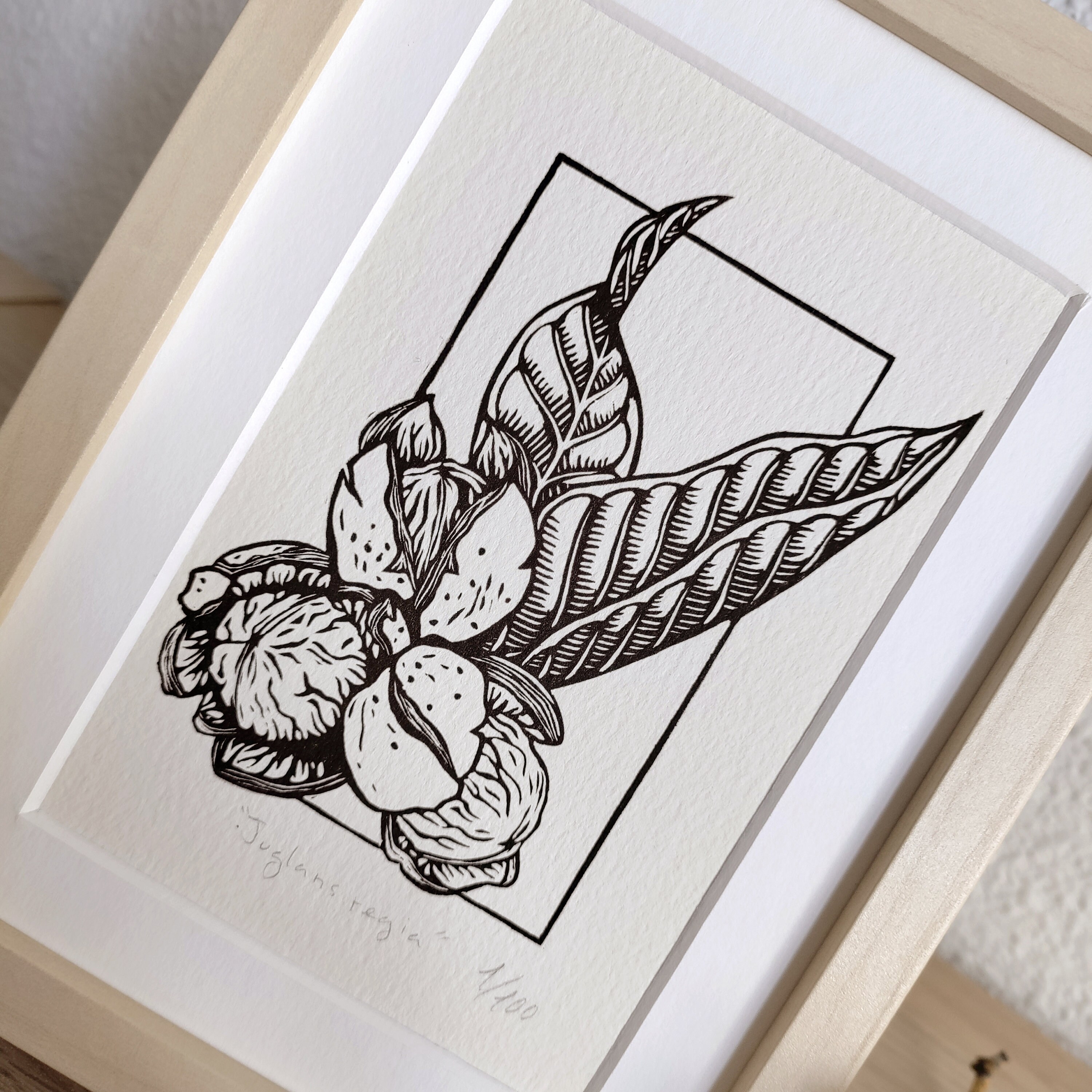 Linocut of nuts hand stamped, original linocut limited to 100 copies ...