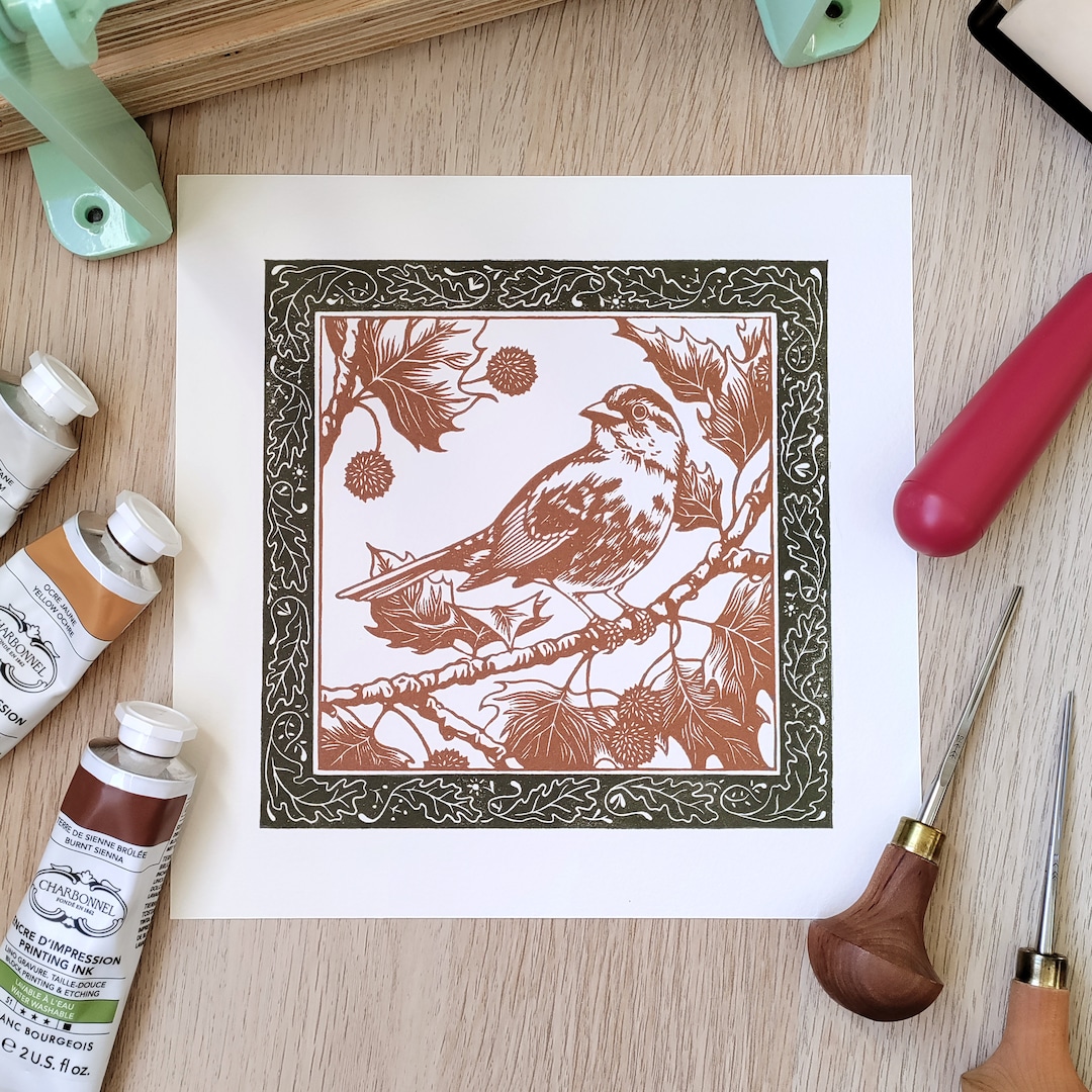 Linocut Sparrow Art Print Bird Art Print - Etsy