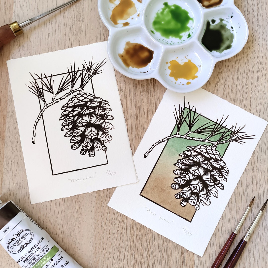 Linocut of Pine Hand Stamped, Original Linocut Limited to 100 Copies ...