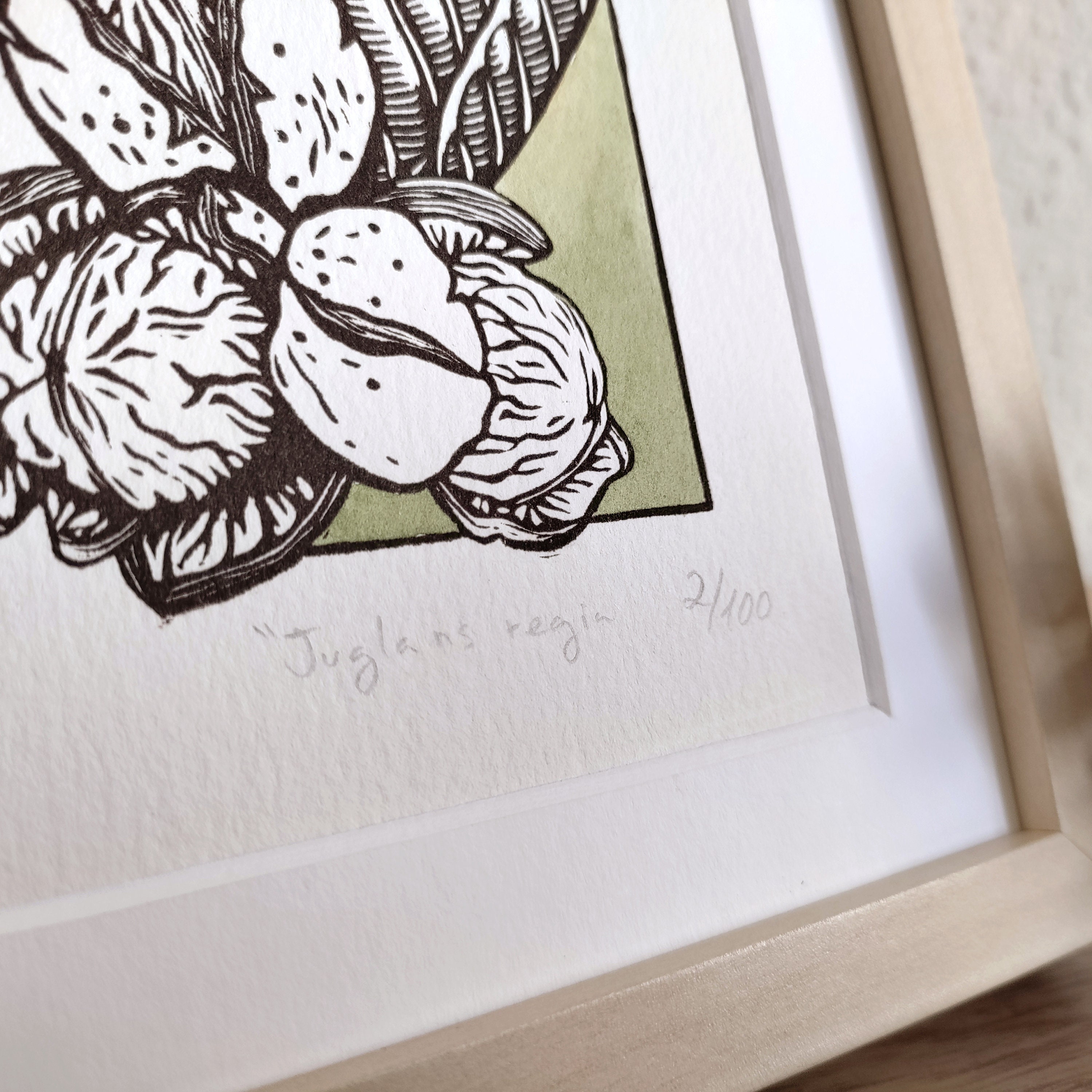 Linocut of nuts hand stamped, original linocut limited to 100 copies ...