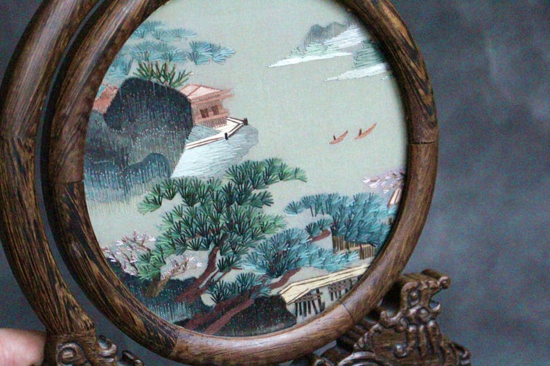 Vintage Chinese Silk Shu Embroidery on Wooden Lacquer Swivel Stand,silk ...