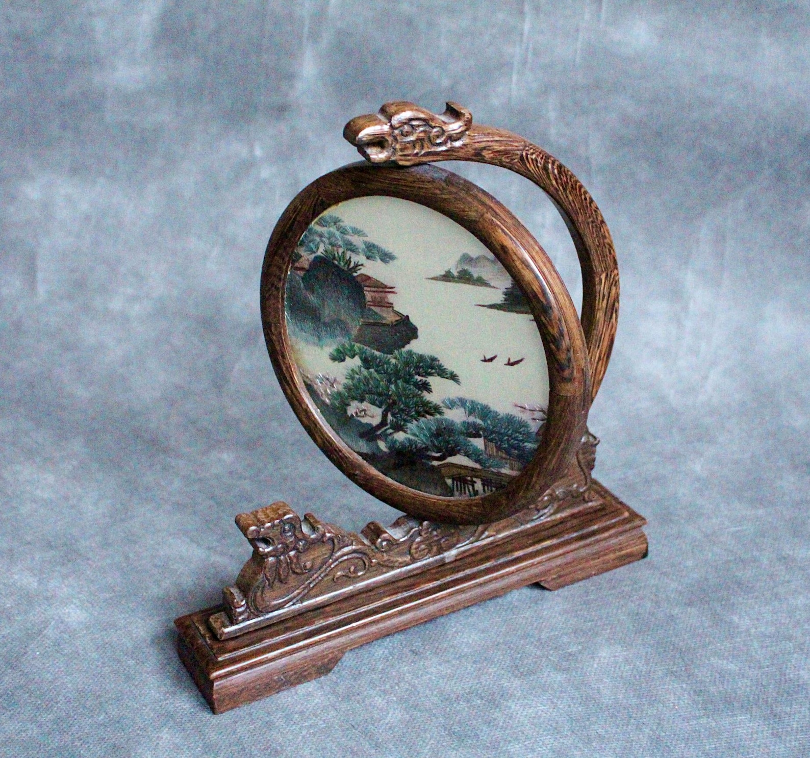 Vintage Chinese Silk Shu Embroidery on Wooden Lacquer Swivel Stand,silk ...