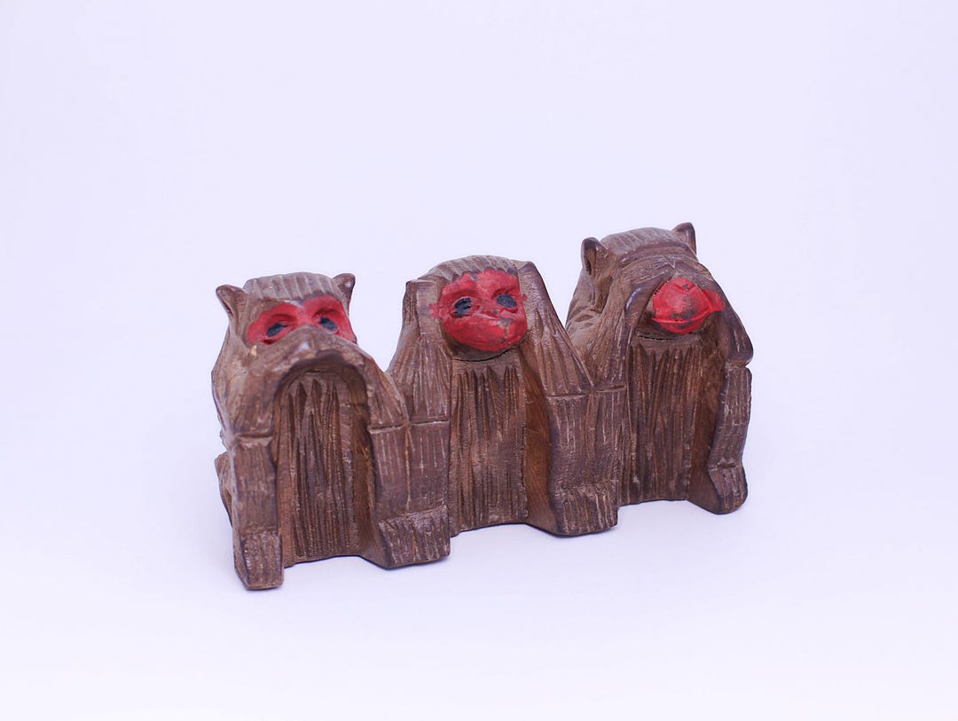 Vintage Three Monkeys Wooden Carving Statue Figure - See Hear Speak No ...