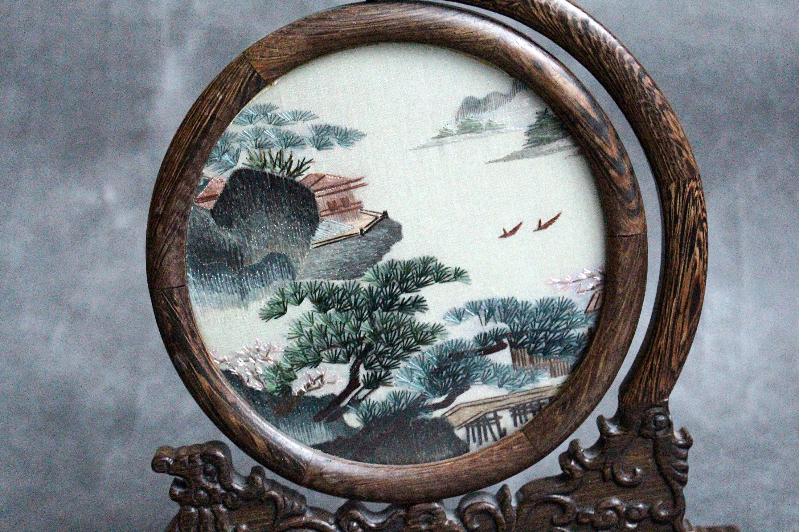 Vintage Chinese Silk Shu Embroidery on Wooden Lacquer Swivel Stand,silk ...