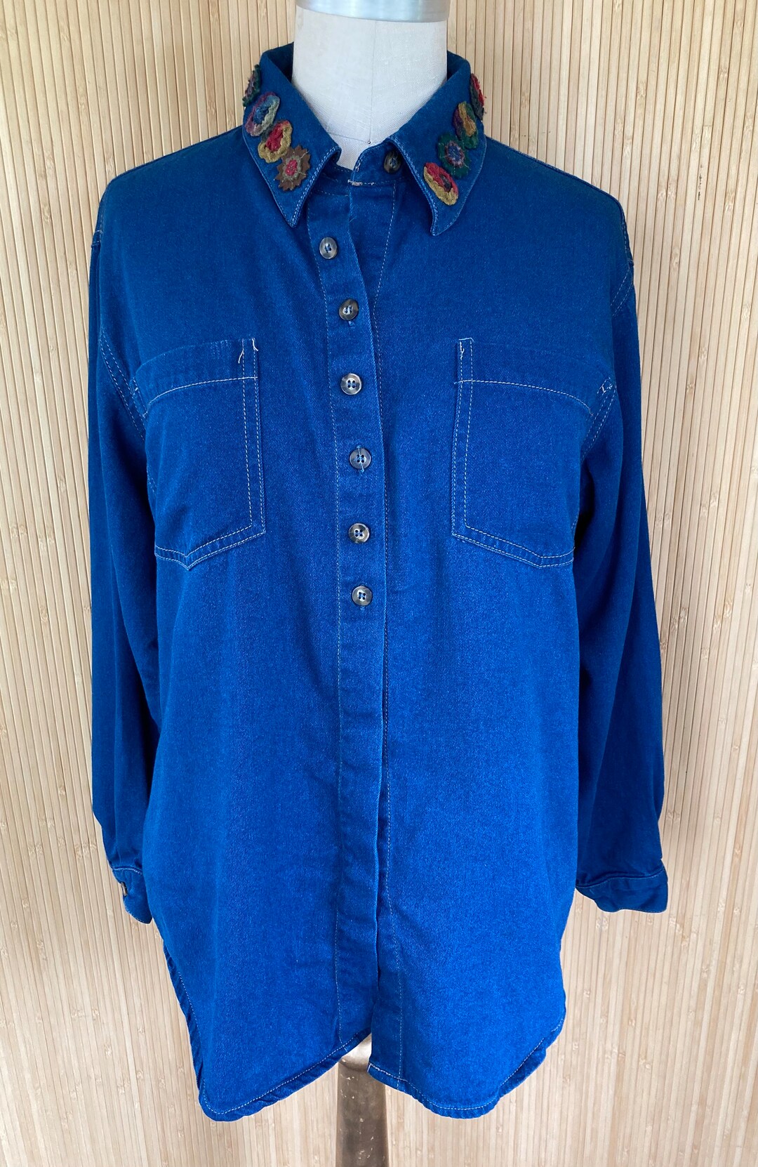 Koret City Blues Denim Shirt With Floral Appliqué Collar - Etsy